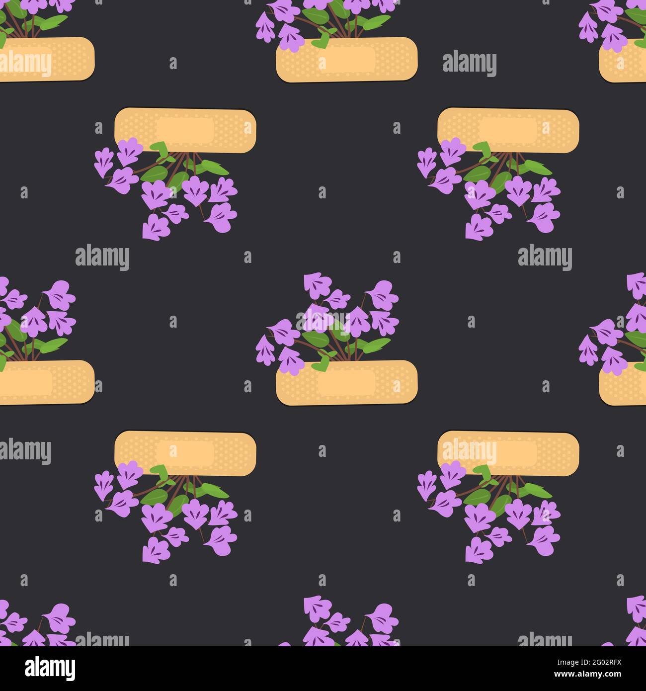 Seamless pattern with sticking plasters and purple flowers. Medical ...