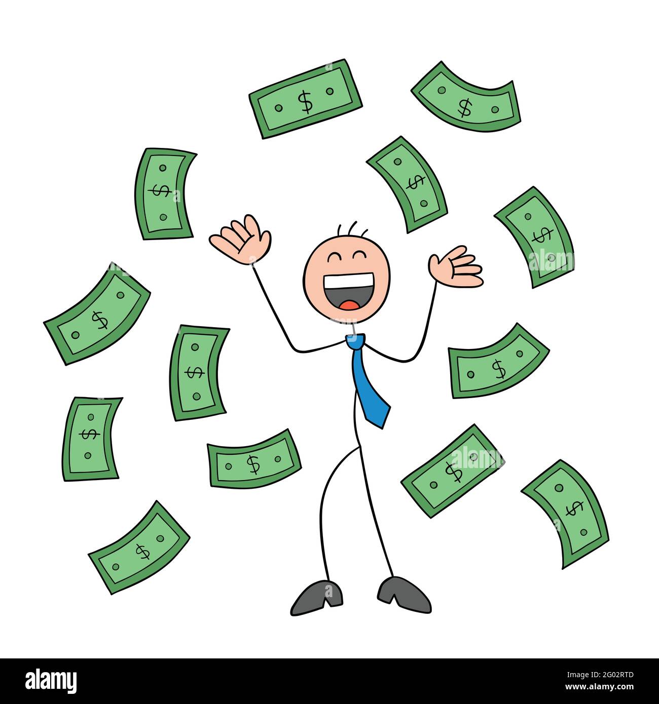 Stickman businessman character happy and paper moneys floating in air ...