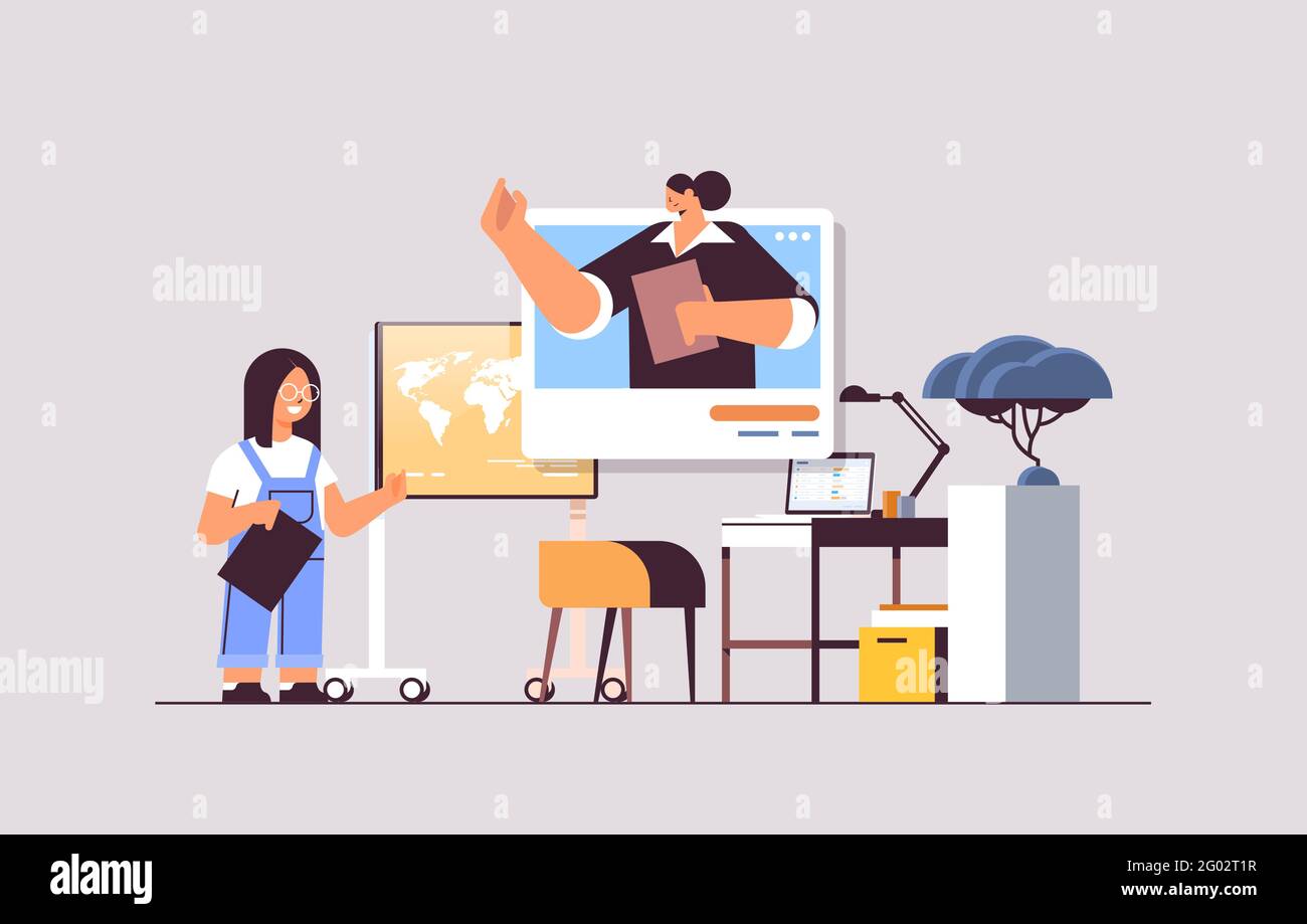 schoolgirl discussing with teacher in web browser window during video ...