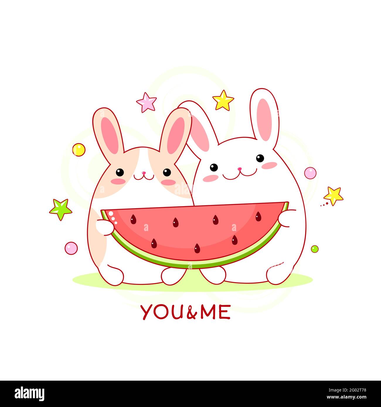 Couple of cute fat rabbits with a piece of watermelon. Inscription You ...