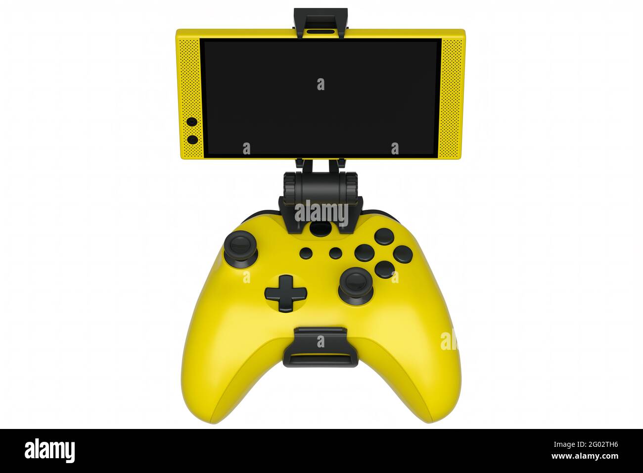 Realistic yellow joystick for playing games on mobile phone on white ...