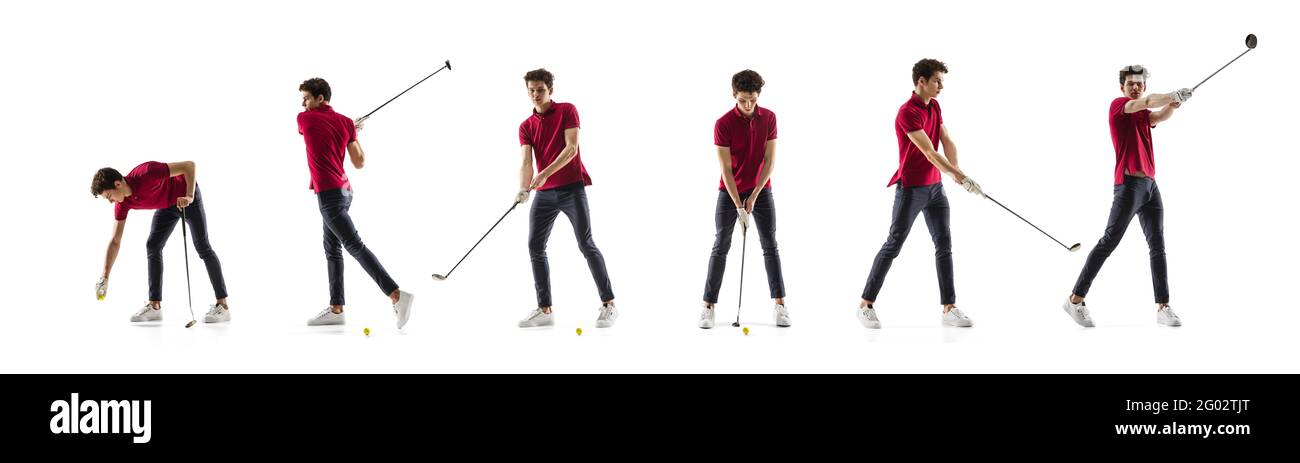 Collage of different photos of professional golf player, sportsman in ...