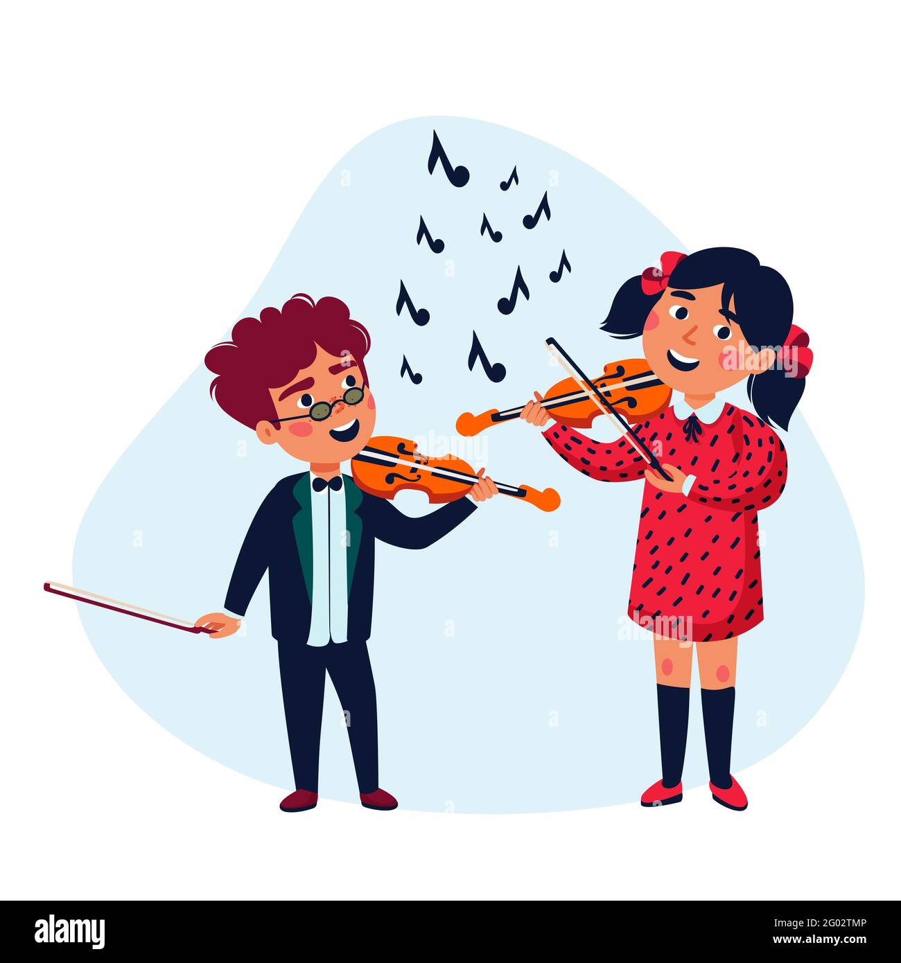 Girl and boy musicians. Happy children playing violins. Music school ...