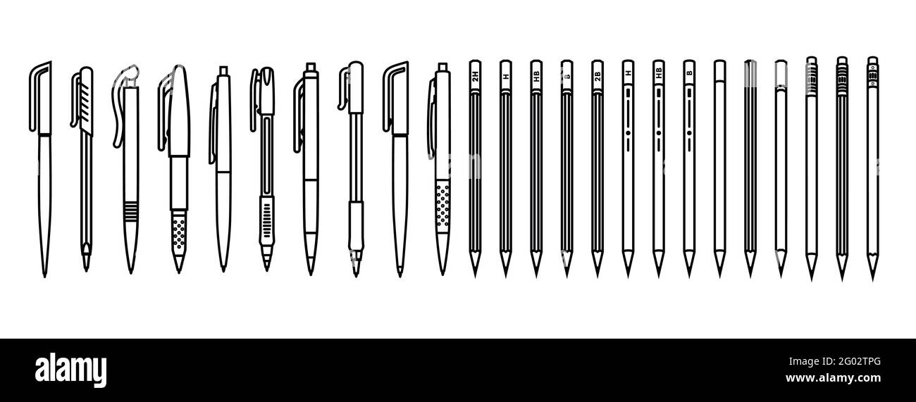 Pens and pencils set. Outline writing supplies on white background ...