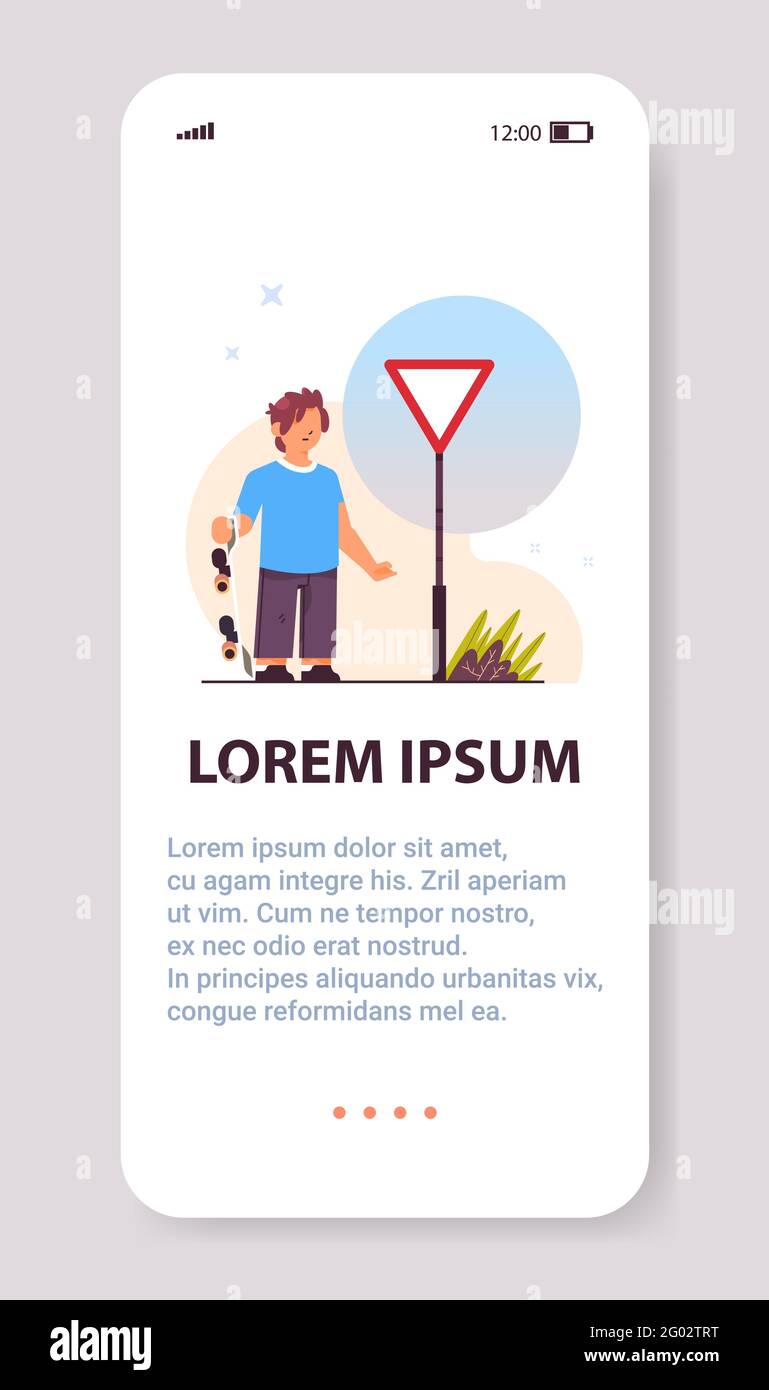 boy with skateboard standing near red give way sign road safety concept ...