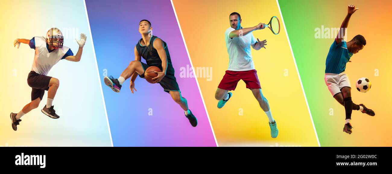 Collage of different professional sportsmen, fit people in action and ...