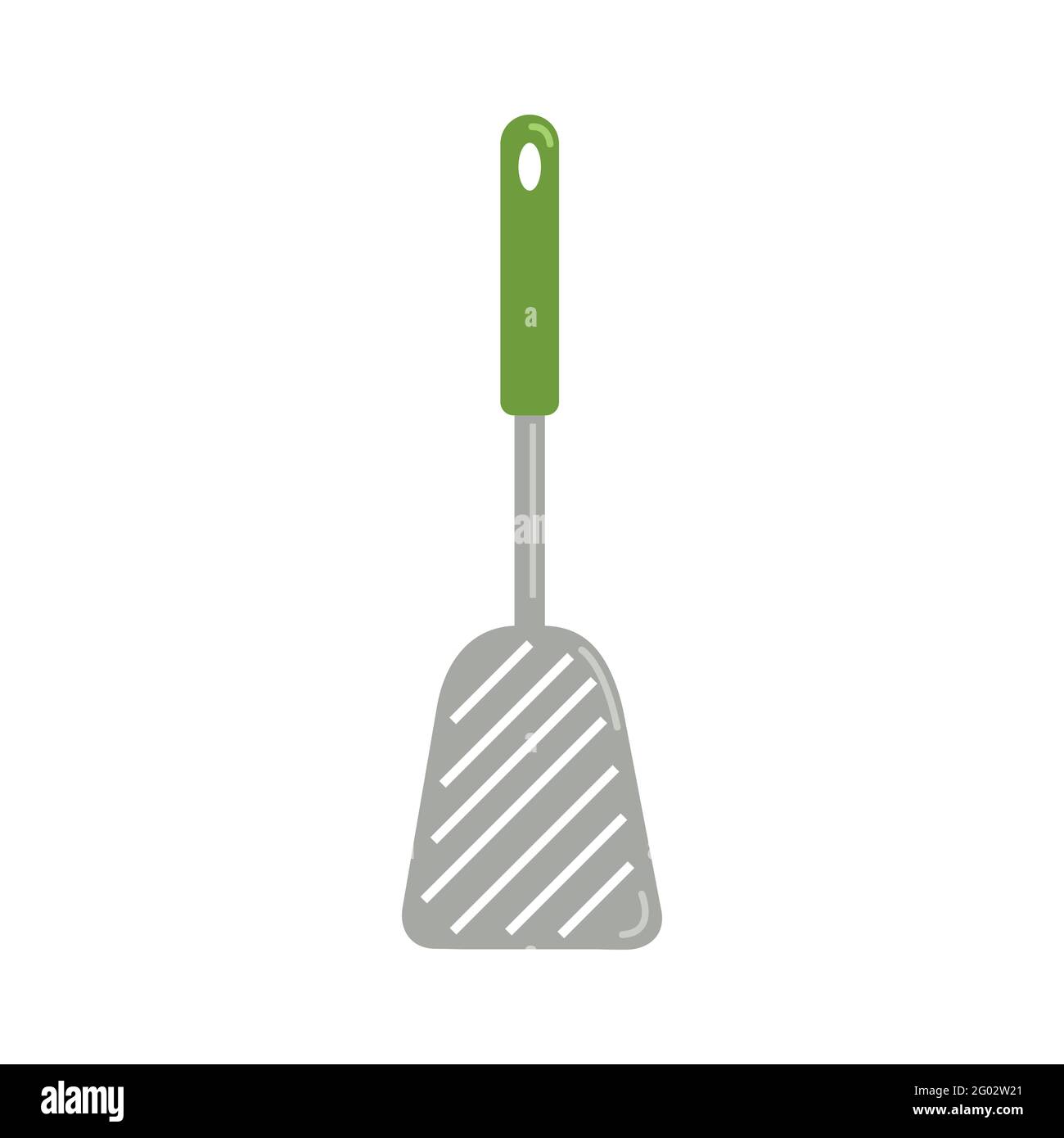 Metal kitchen spatula for turning fried food with plastic green handle ...