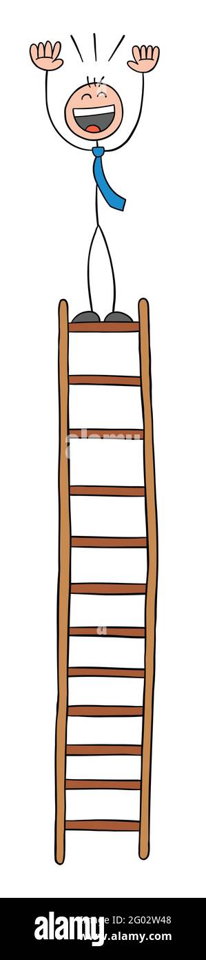 Stickman businessman character at the top of the ladder and very happy ...