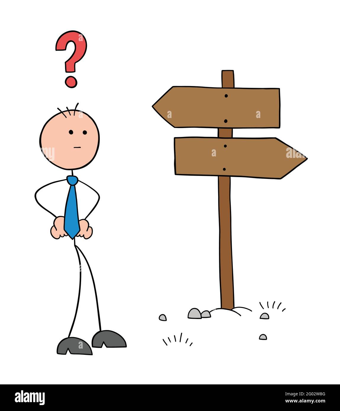 Stickman businessman character in front of the road sign and thinking ...