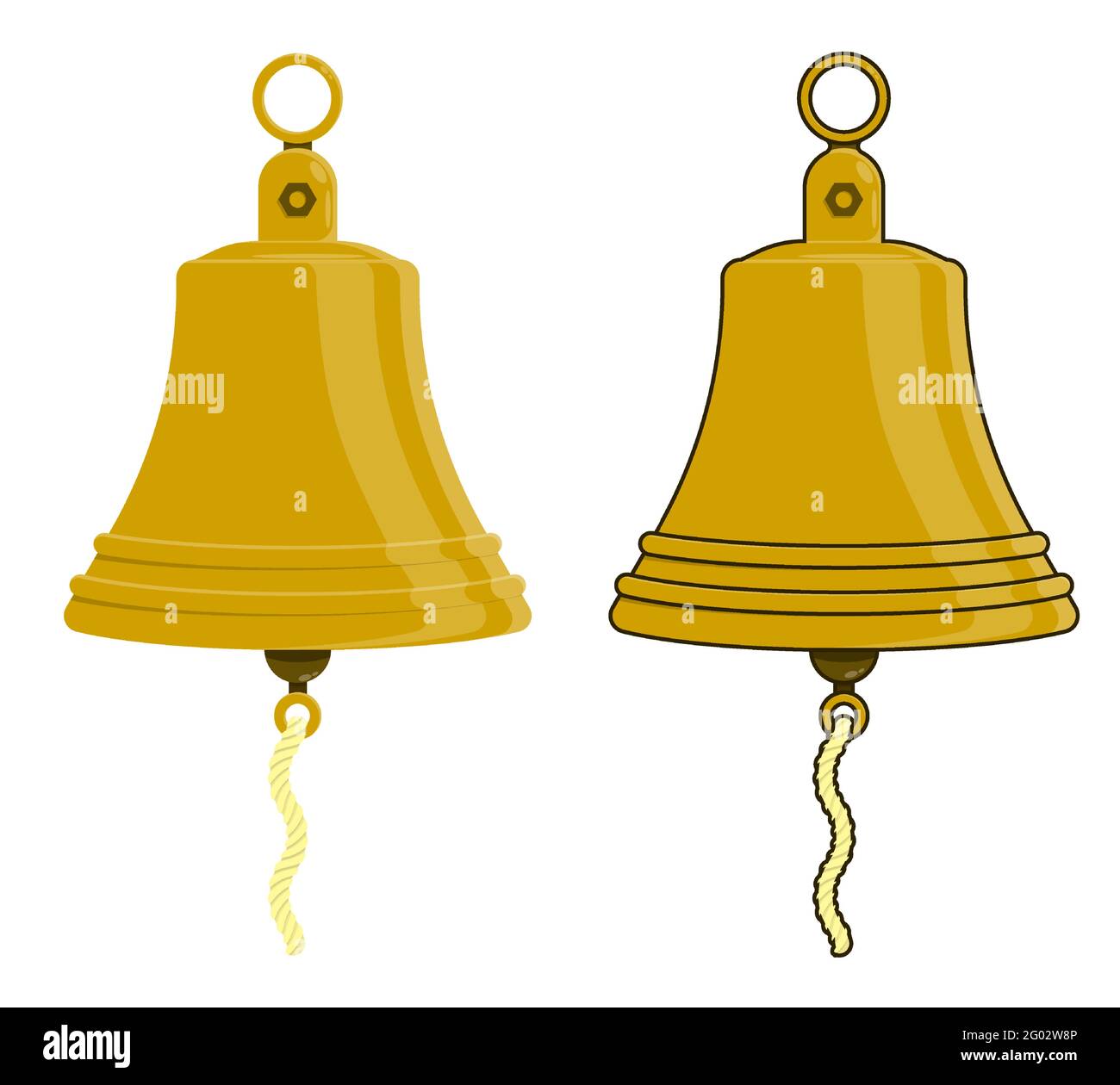 shiny metal ship bell on mount. Ringing bell on boat. Colored vector in ...