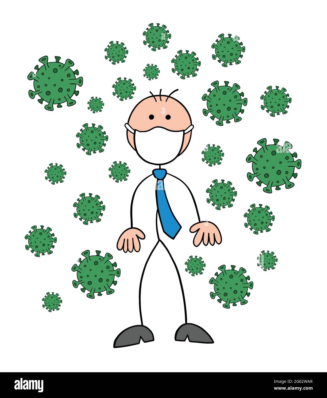 Stickman businessman character wearing a mask and there are viruses ...