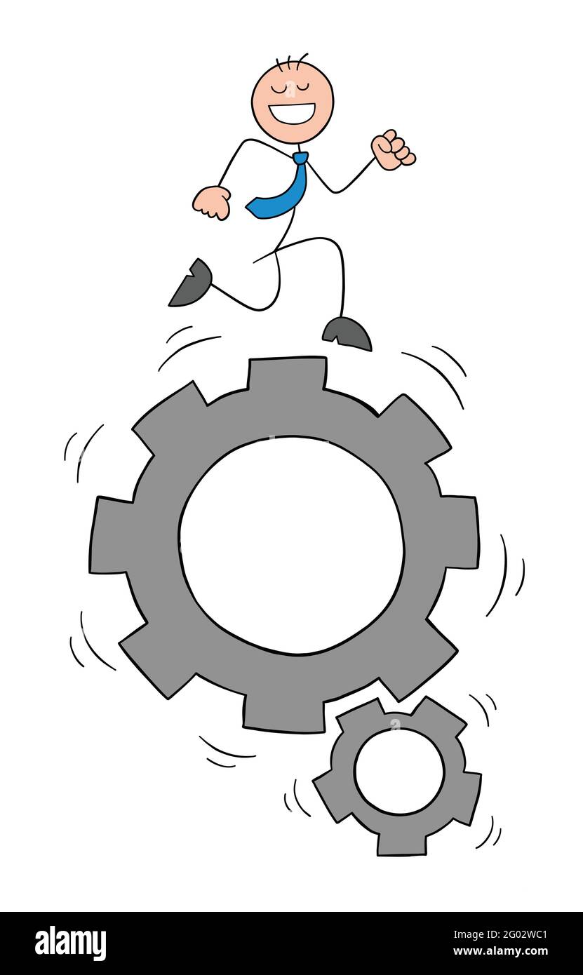 Stickman businessman character happy and running on the spinning gear ...