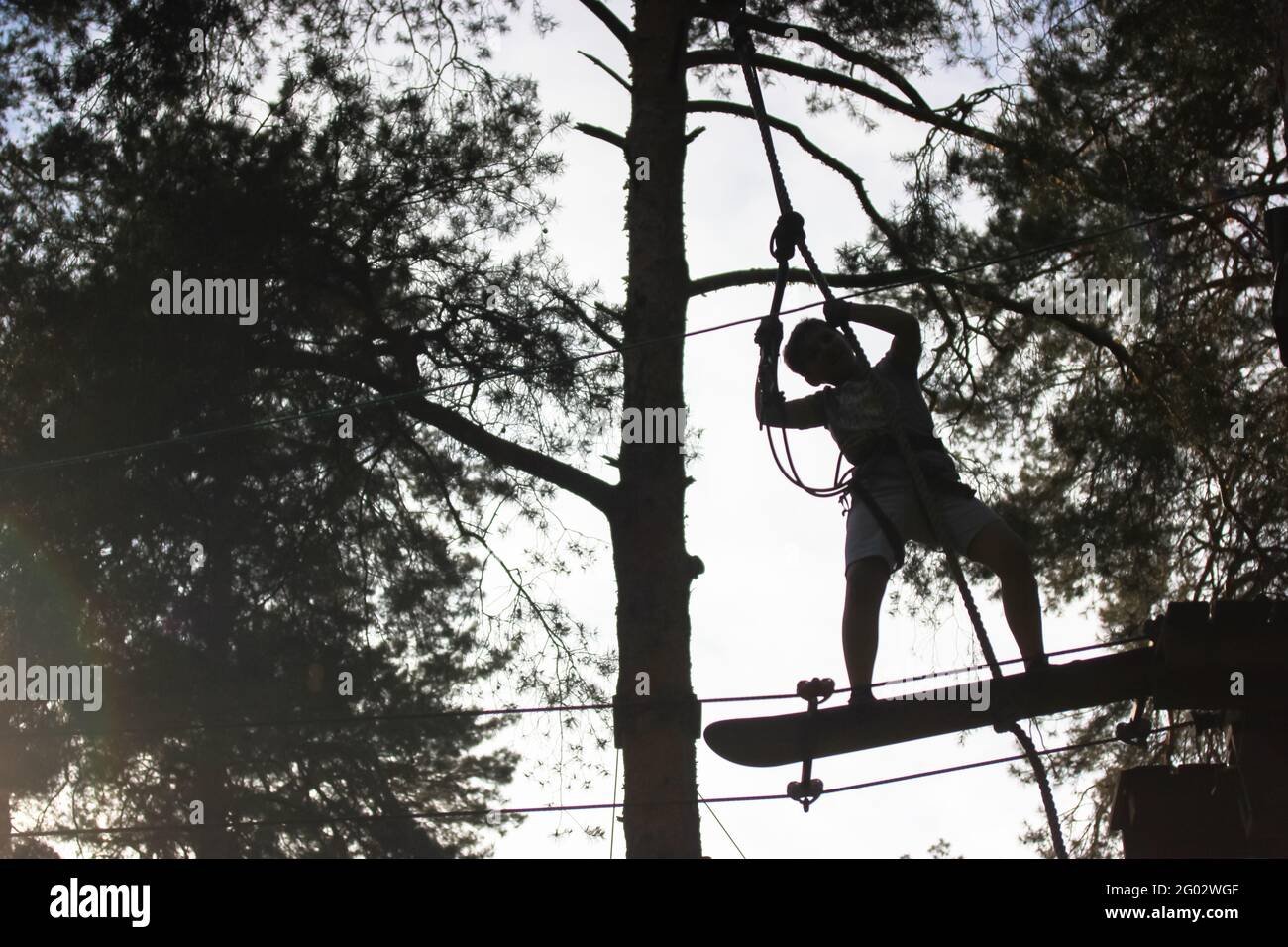 The obstacle course in adventure rope park. A teenager climbing high ...