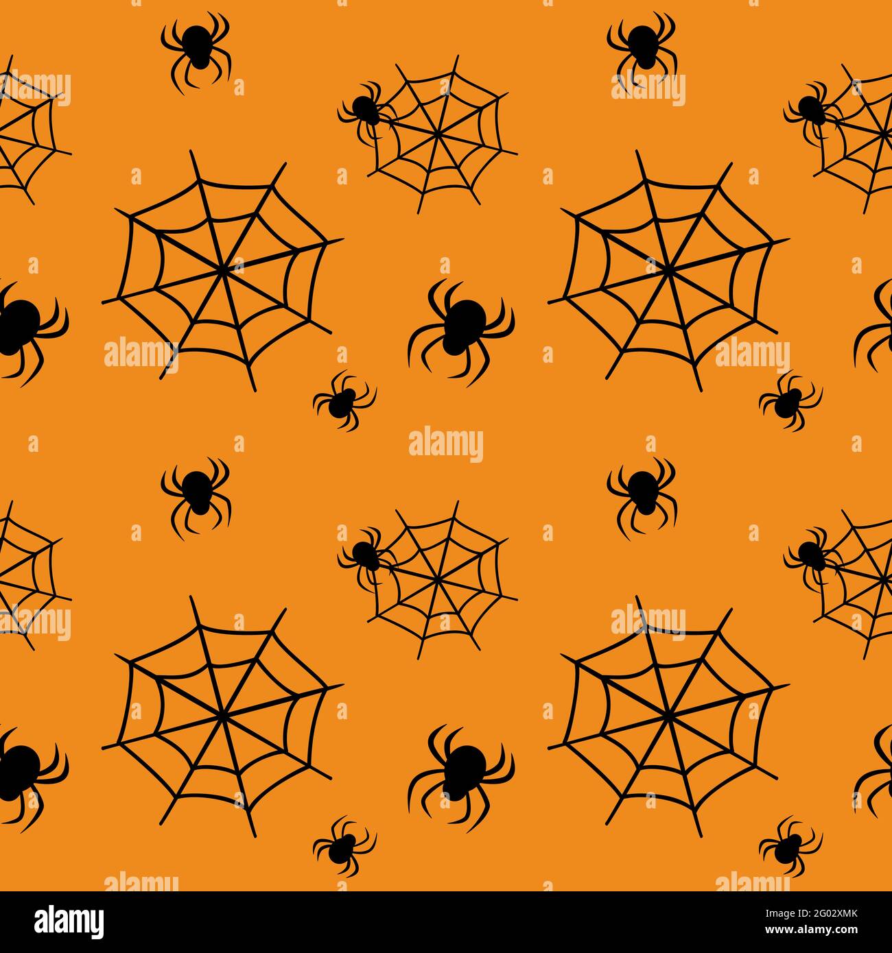 Cute seamless pattern with black cobwebs and spiders on an orange ...