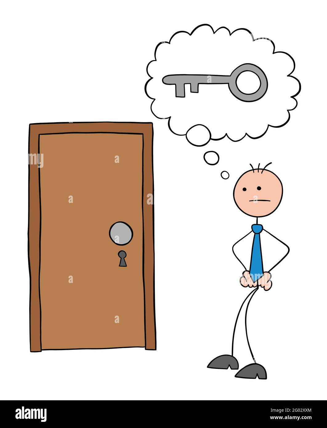 Stickman businessman character in front of the locked door but no key ...