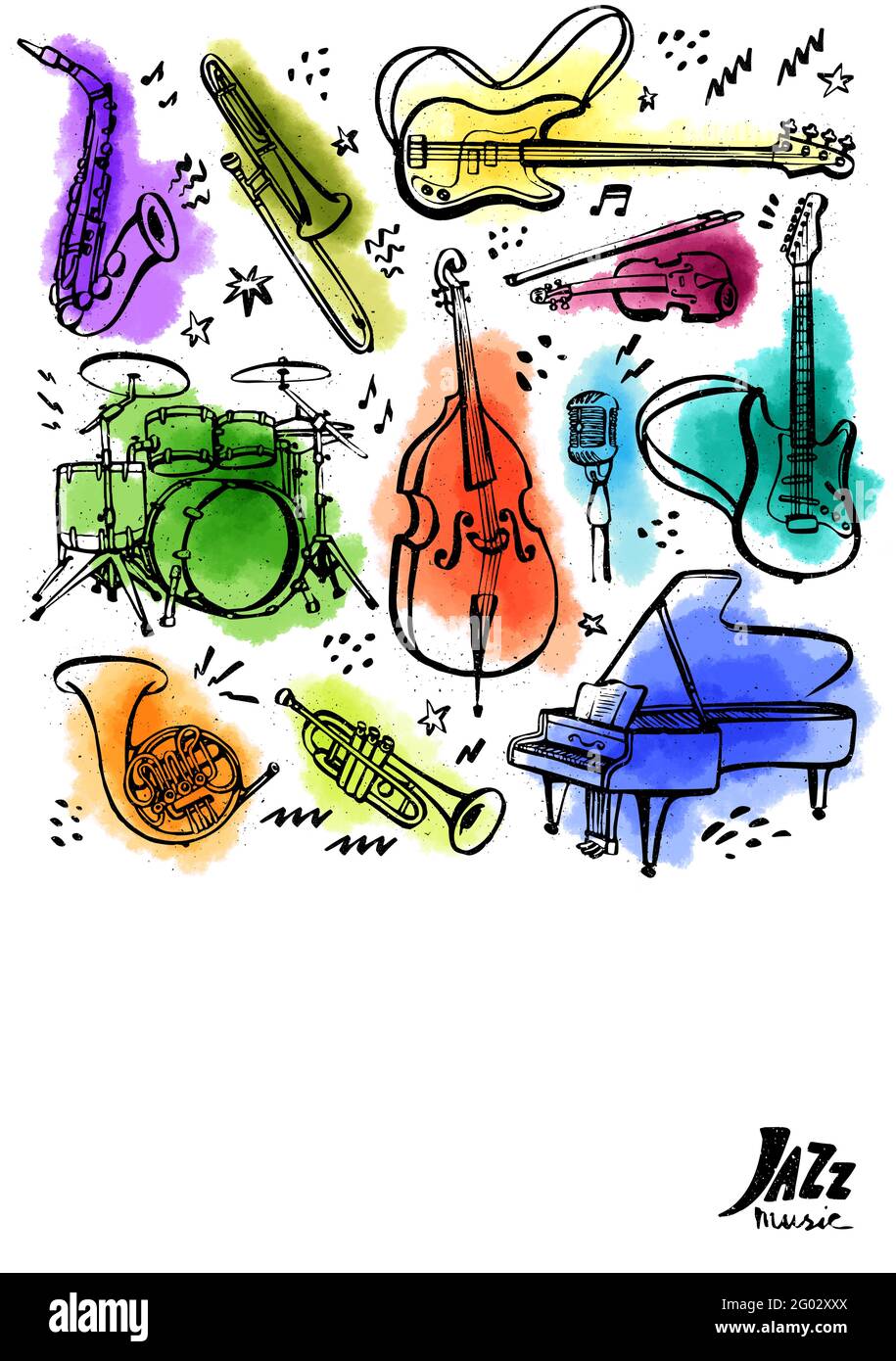 Hand-drawn music instruments. Vertical banner or poster. Ink style ...