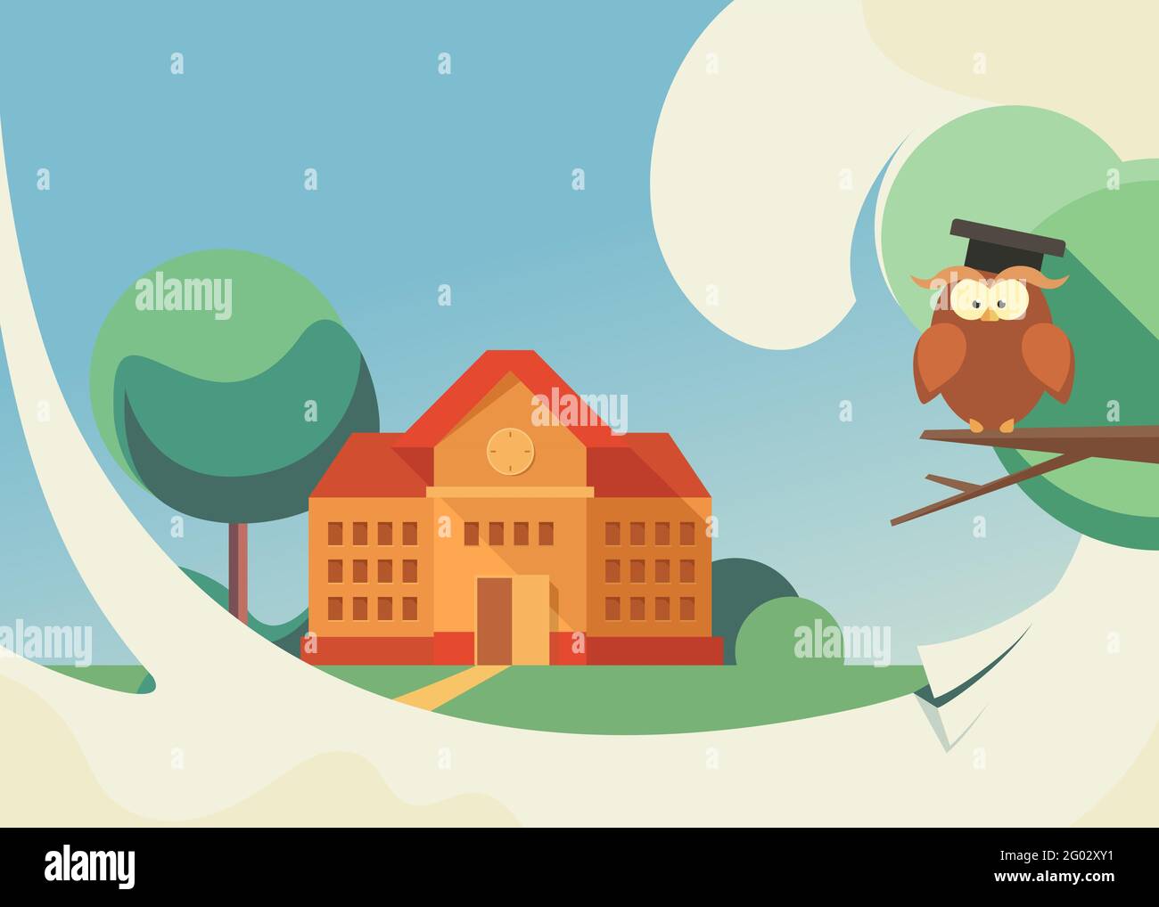 Banner template with school building and owl. Flyer design in flat ...