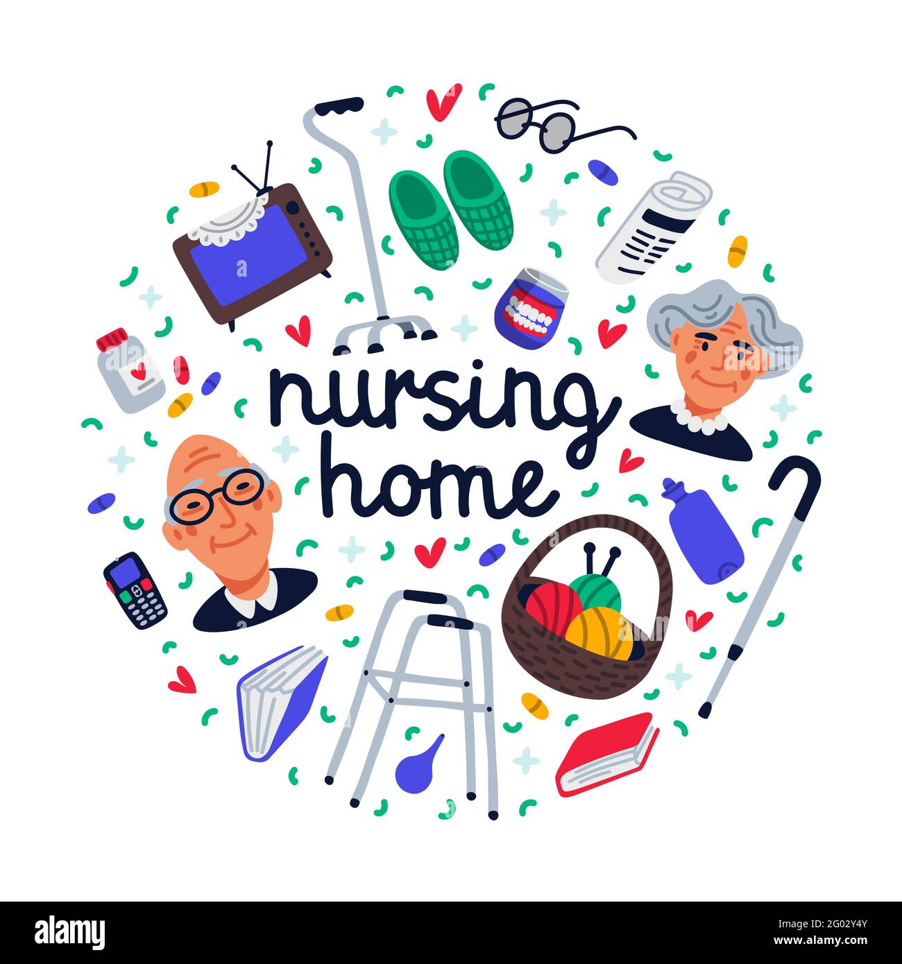 Nursing home set. Senior people and nursing home items on white ...