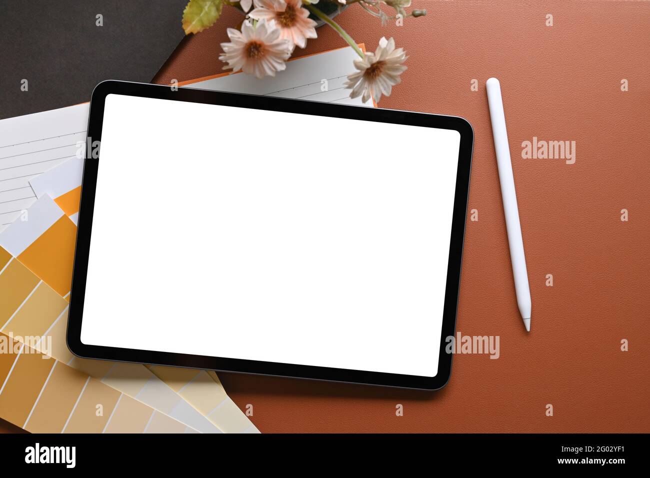 Flat lay, graphic designer workspace with digital tablet, stylus pen ...