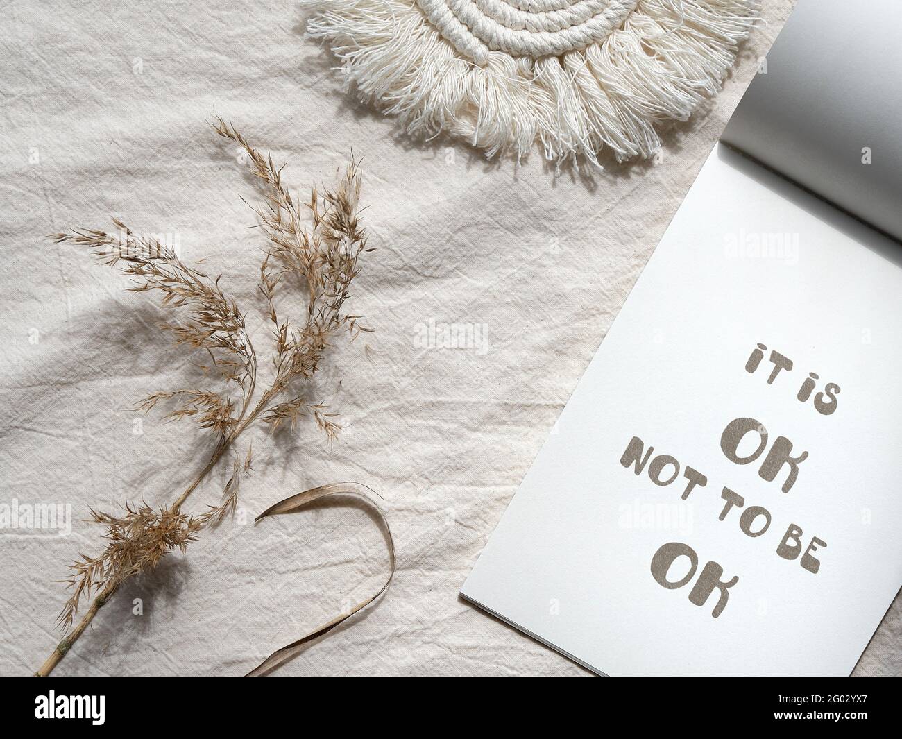 Text It's OK not to be OK in block note. Envelope, macrame, pampas ...