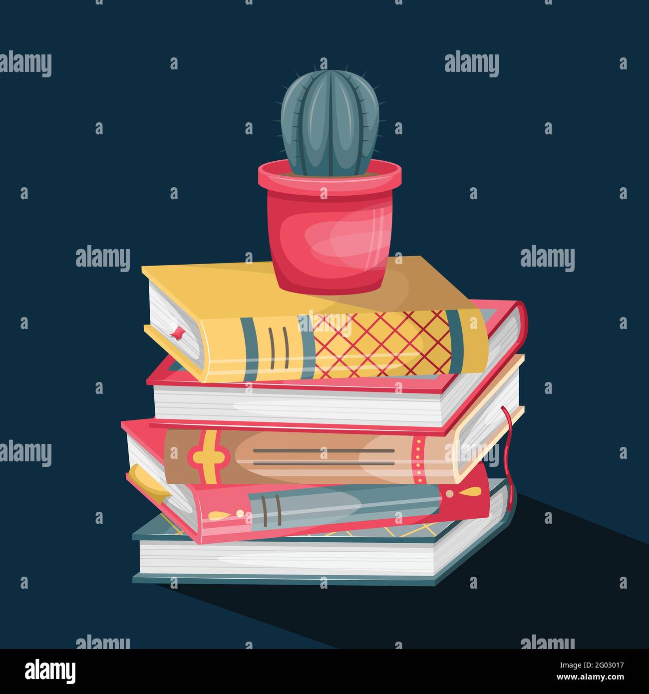 Vector illustration of a stack of books with retro covers and a pot ...