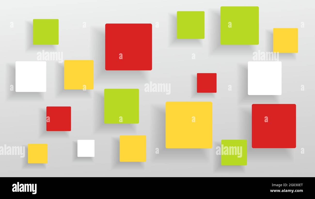 Colorful and different size square shapes with shadow are on white ...