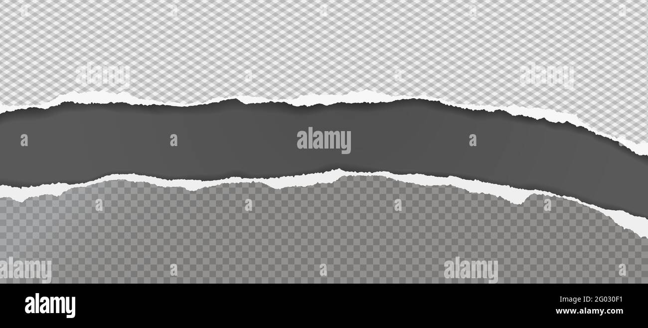 Torn, ripped squared grey paper strips with soft shadow are on black background for text. Vector ...