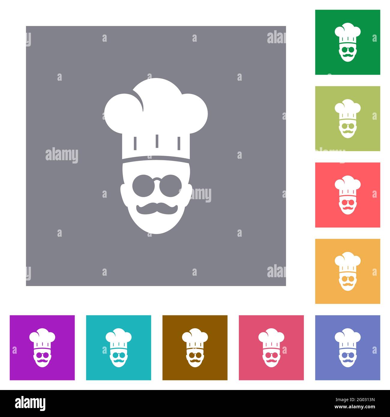 master chef with glasses and mustache flat icons on simple color square ...