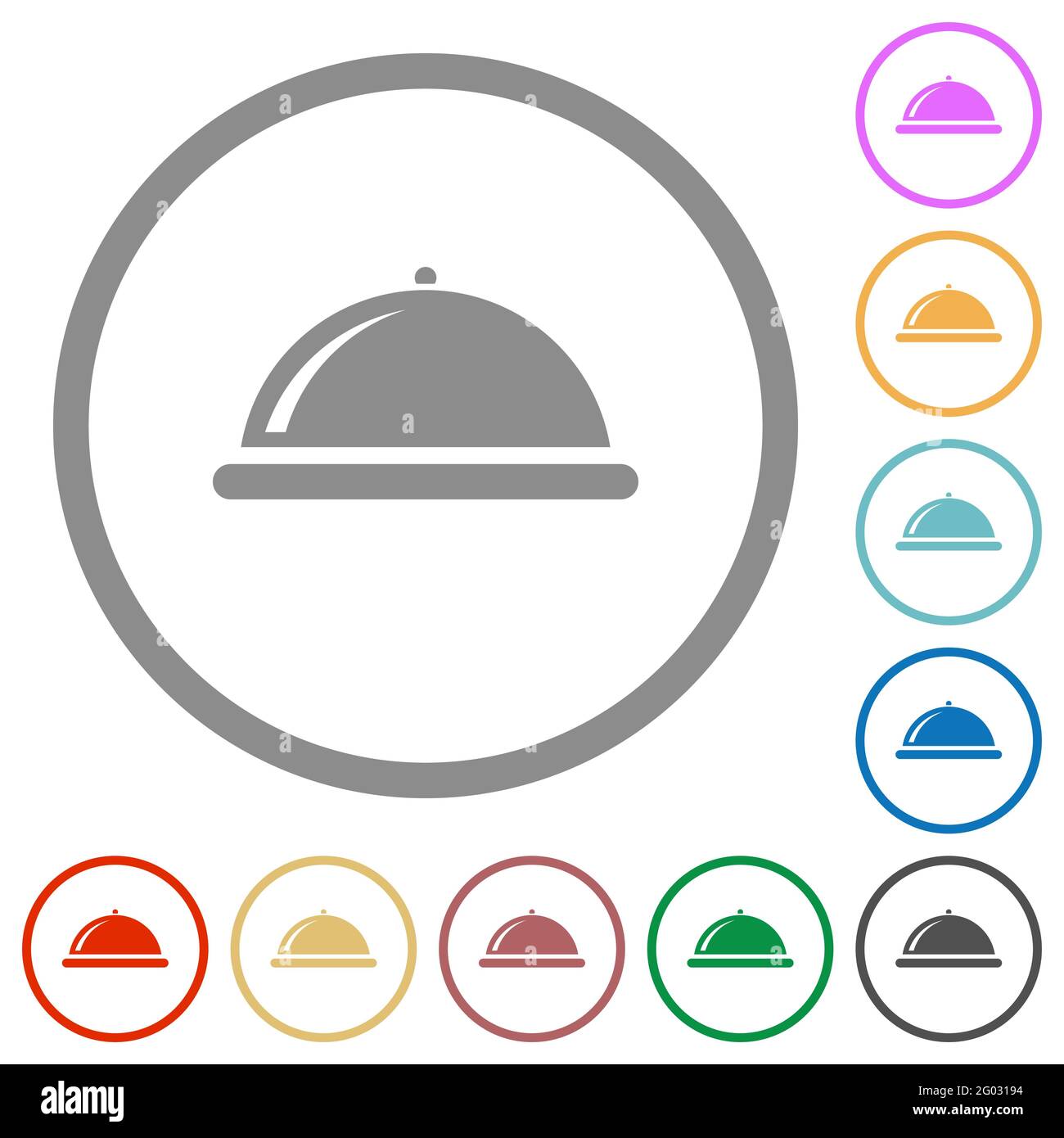 Food tray with gloss flat color icons in round outlines on white ...