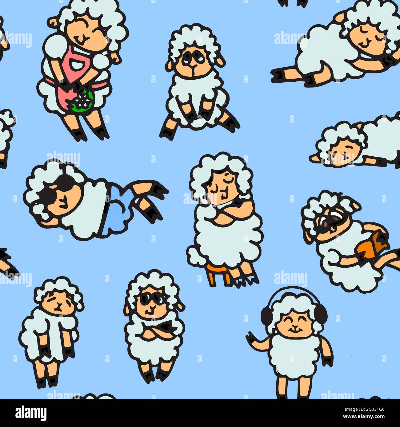 Cheerful funny ram. Cartoon style. Lamb outline hand drawing. Seamless ...