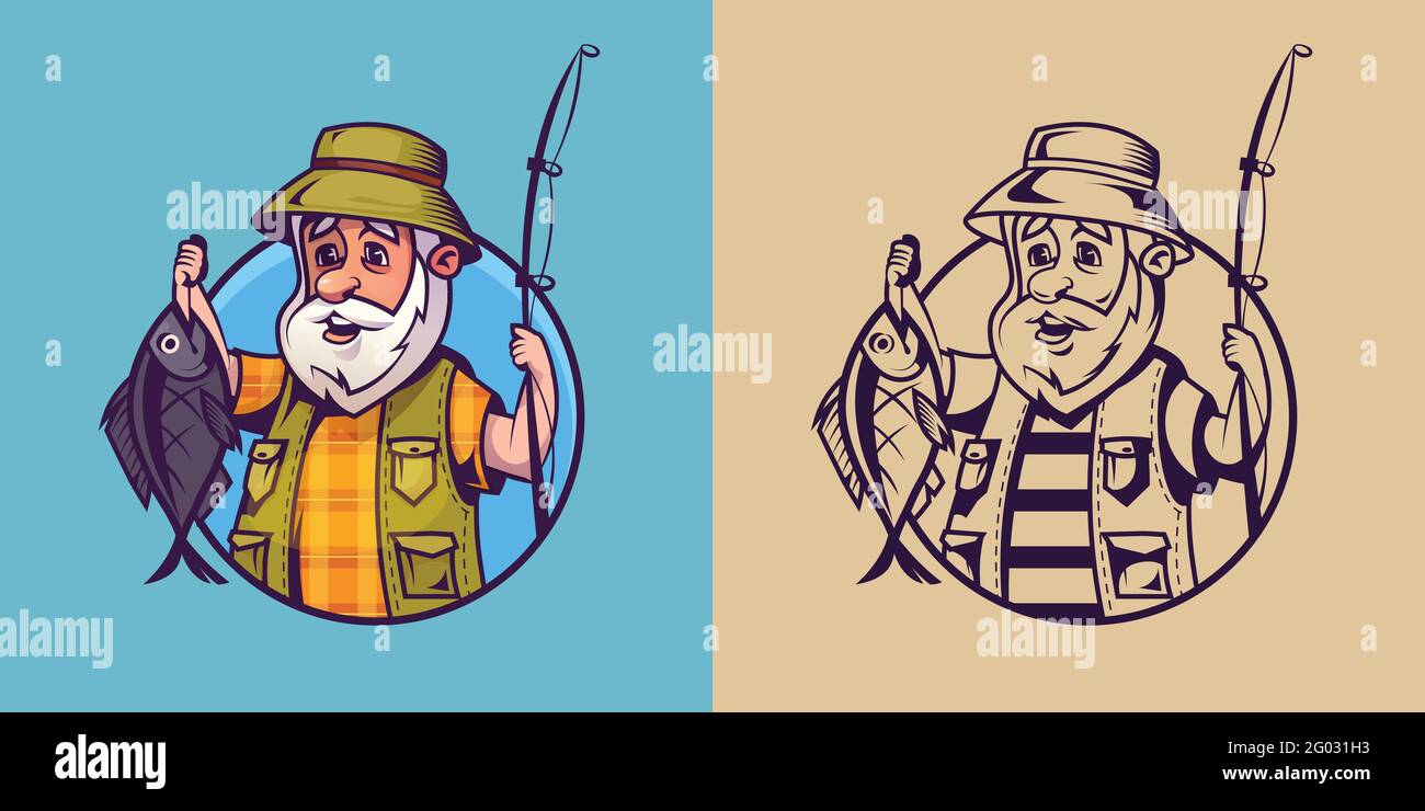 Fisherman with catch in different styles. Concept art of fishing Stock ...