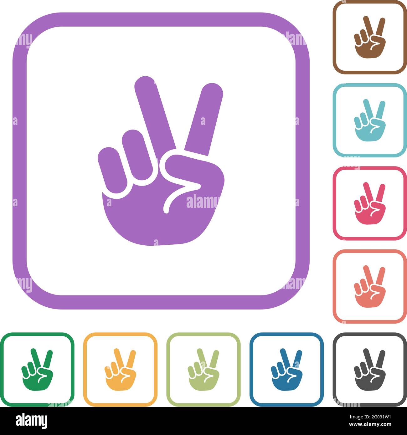 Victory sign hand gesture simple icons in color rounded square frames ...