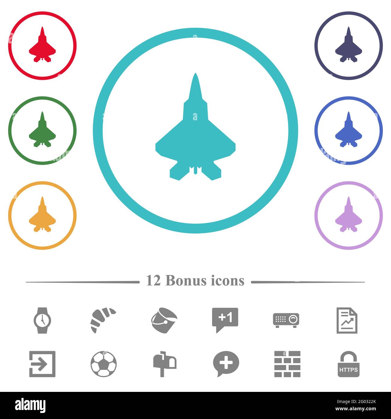 Jet fighter silhouette flat color icons in circle shape outlines. 12 ...