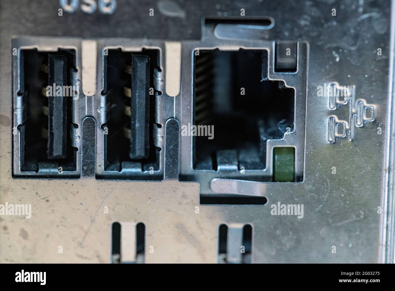 Closeup of USB and network port of a device Stock Photo - Alamy