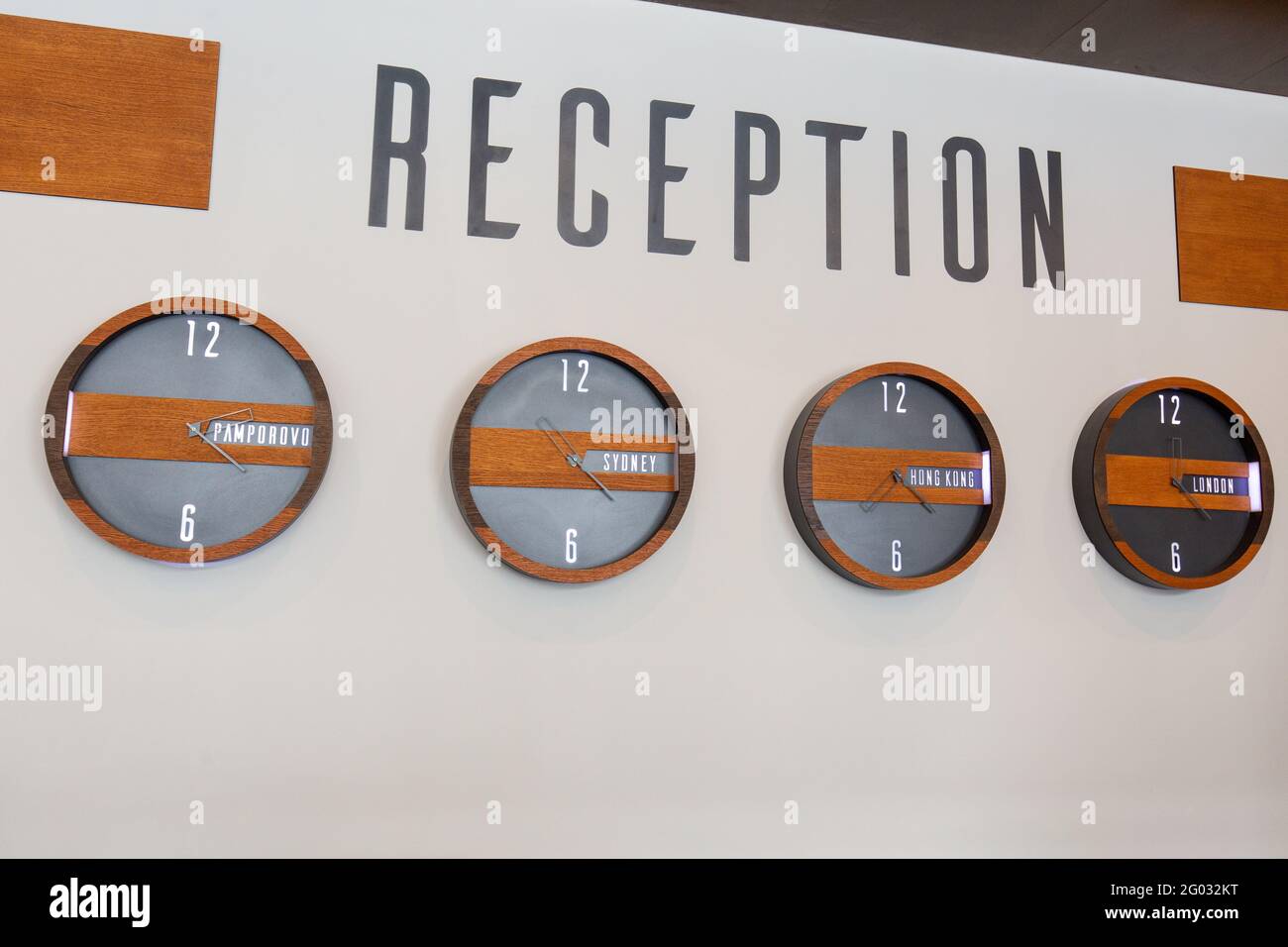 PAMPOROVO, BULGARIA - Mar 28, 2021: Reception sign on the desk in the ...