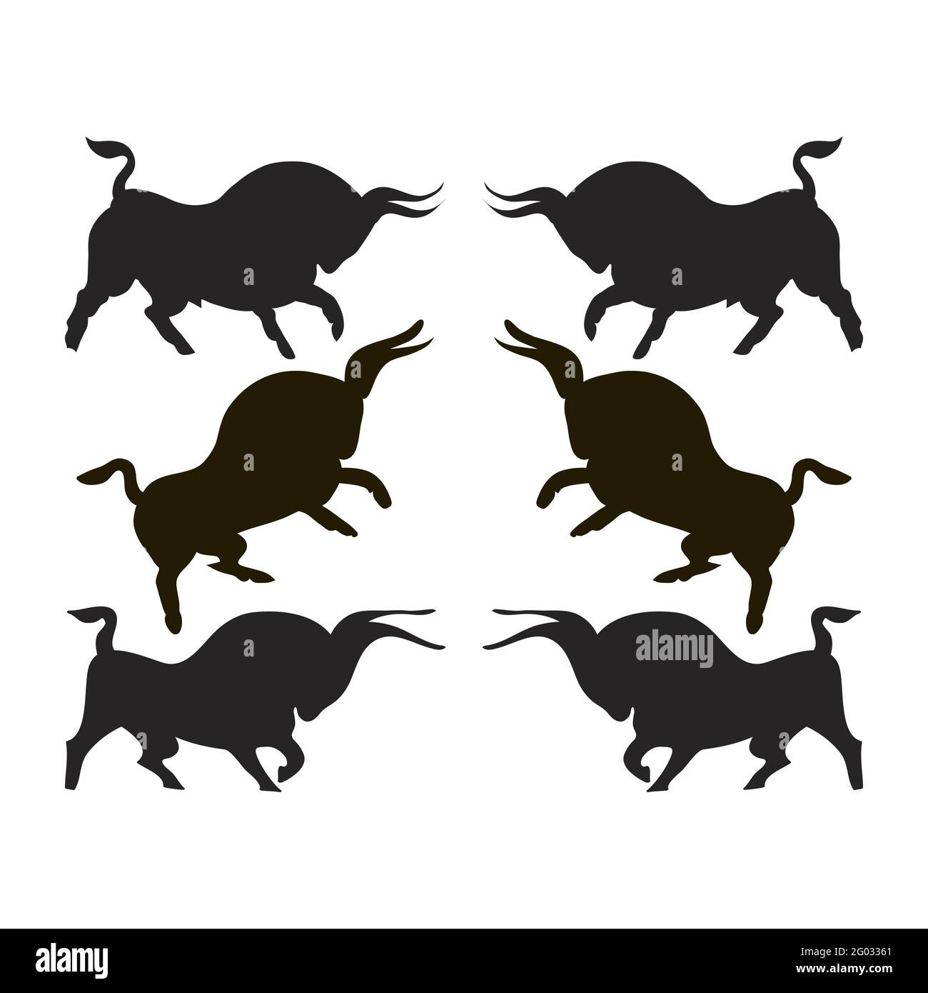 Three pairs of black angry bulls. Bullfight. Stylized buffaloes. Young ...