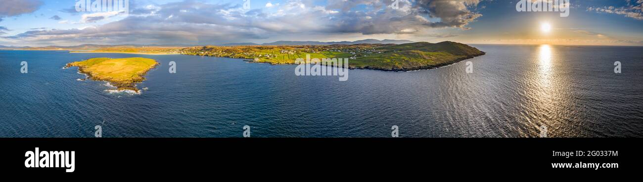 Aerial view of Portnoo harbour and Inishkeel Island in County Donegal ...