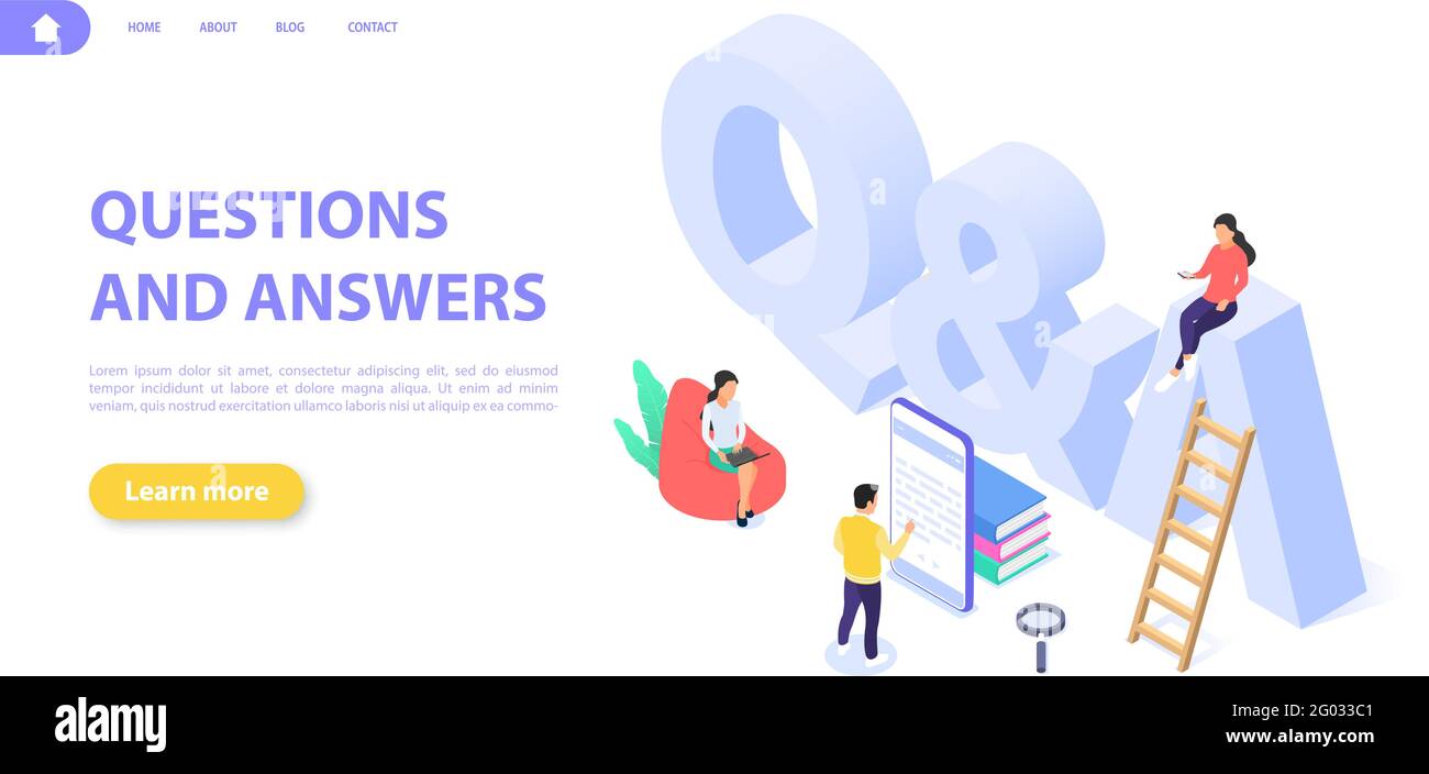 Questions and answers concept. Men and women are looking for answers ...