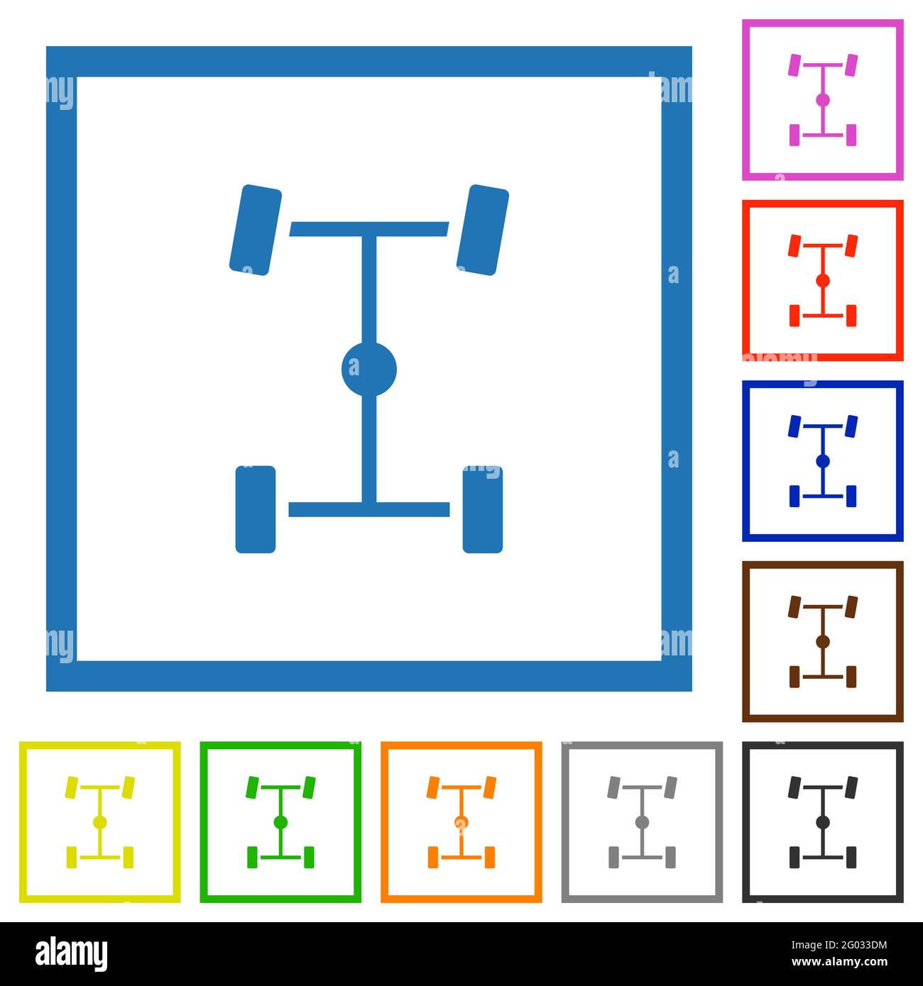 Central differential flat color icons in square frames on white ...