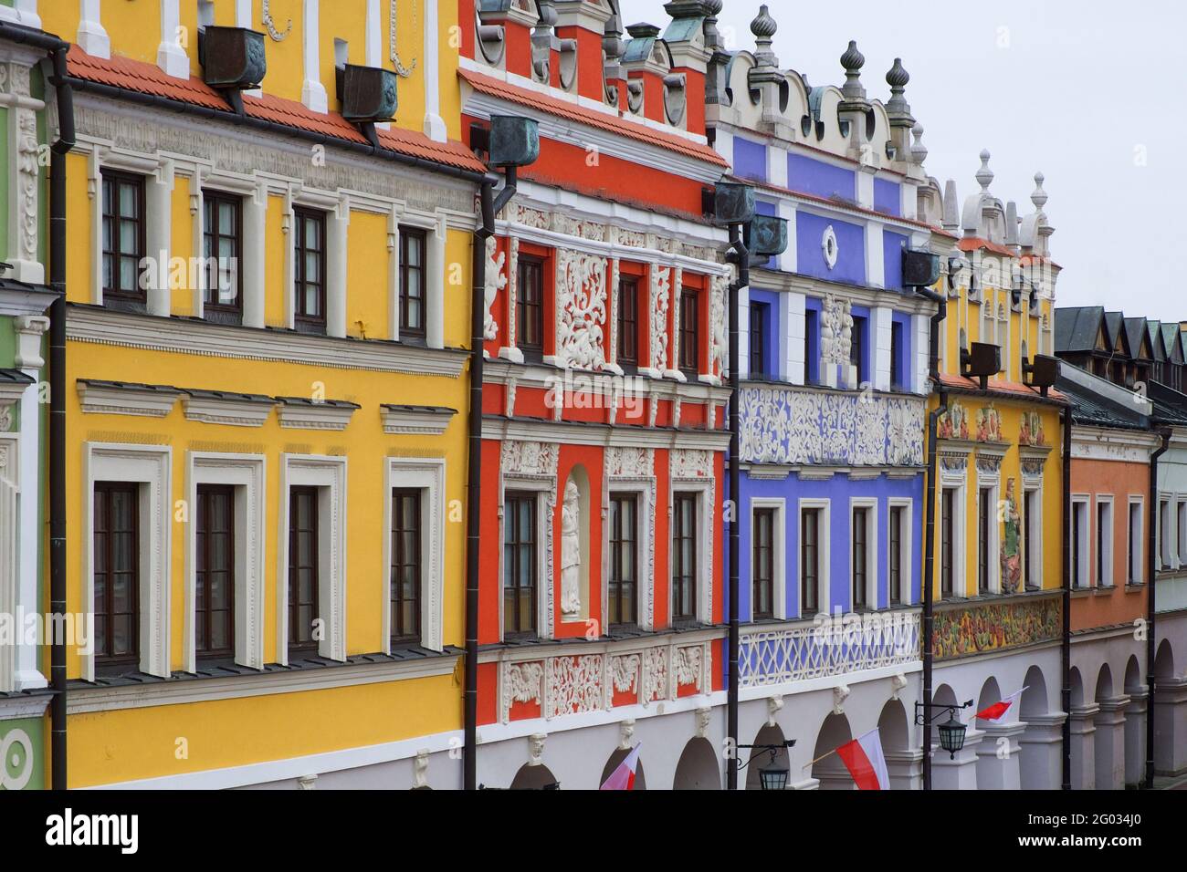 Richly decorated old Renaissance houses in the Polish town of Zamosc ...