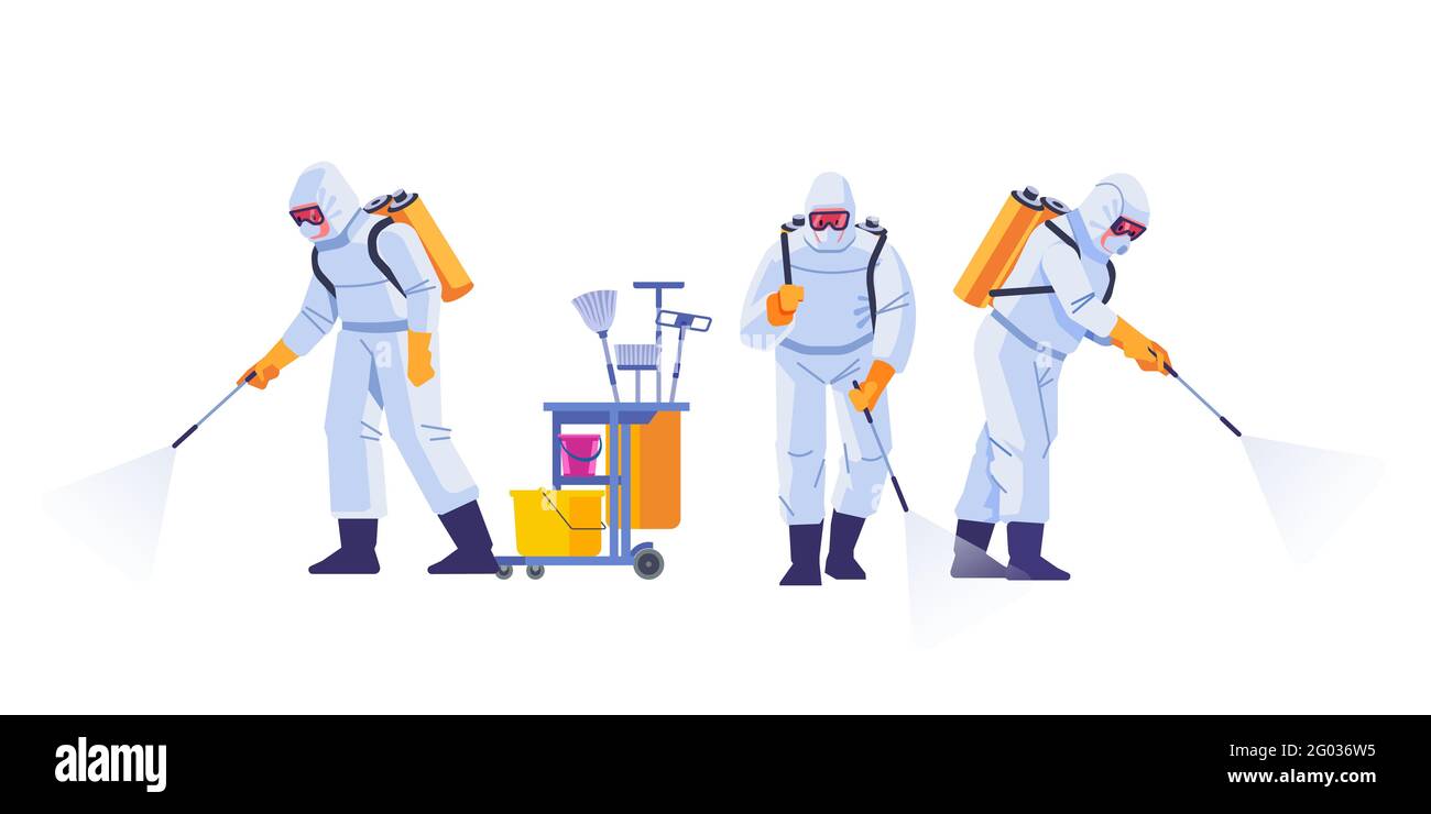 Home disinfection by cleaning service. People in virus protective suits ...