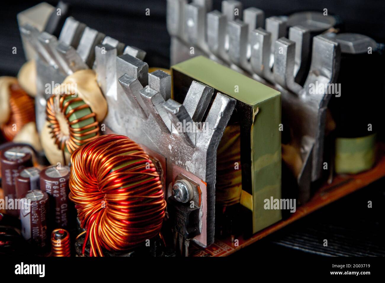 Part of pc power supply with radiator and electronic board with ...