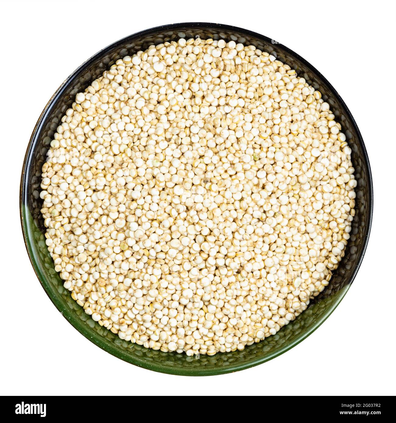 top view of quinoa grains in round bowl isolated on white background ...