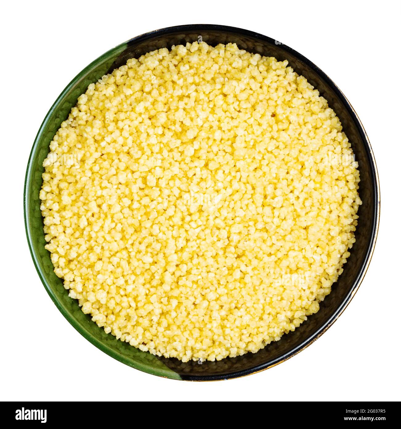 top view of moroccan couscous groats in round bowl isolated on white ...