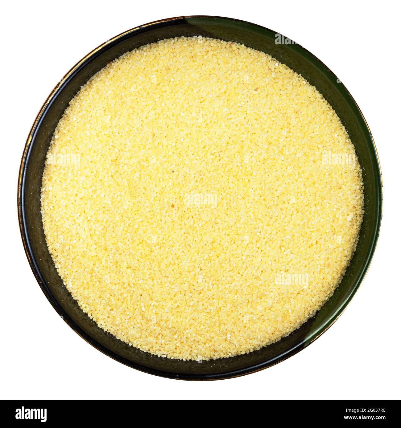 top view of durum wheat semolina in round bowl isolated on white ...