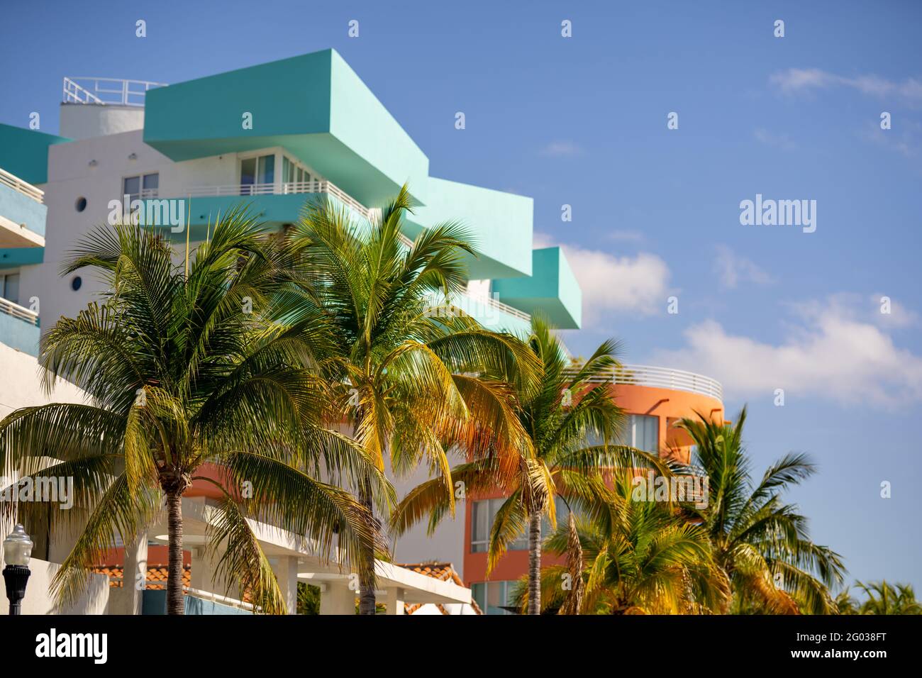 Palms and art deco buildings Miami Beach colorful scene USA Stock Photo ...