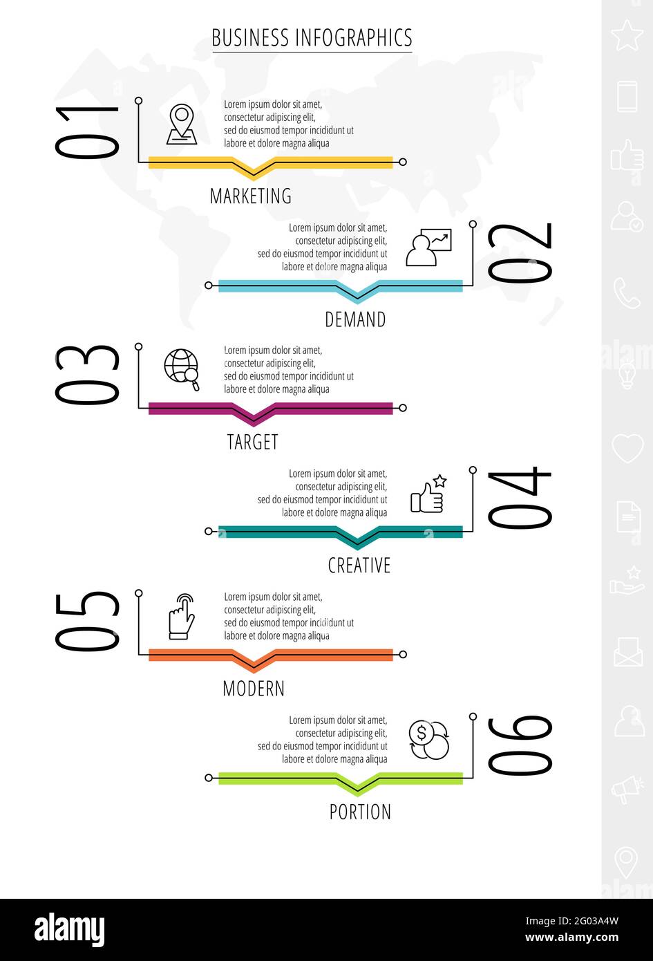 Modern and line vector infographics with six steps. 6 icons with thin ...