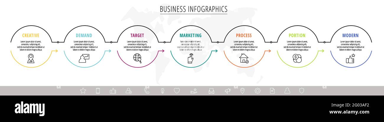Vector infographics seven circles with arrows. Line business concept of ...