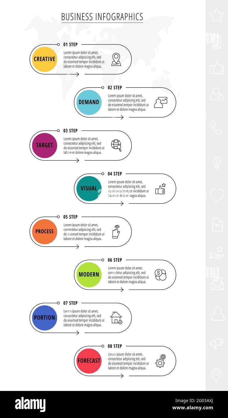 Vector eight step line infographic from circles with icons. Modern ...