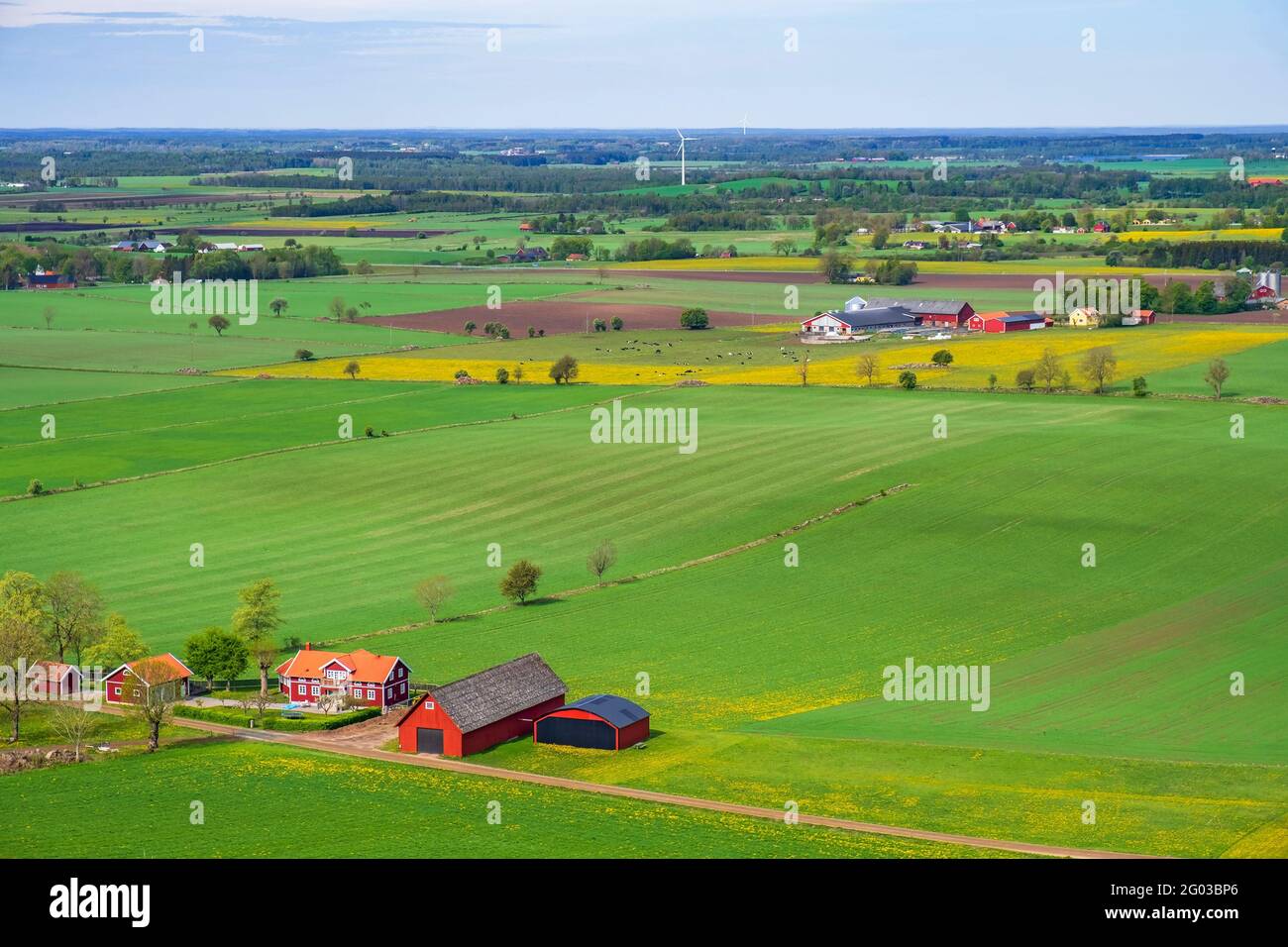 Aerial view landscape view at a farm with fields Stock Photo - Alamy